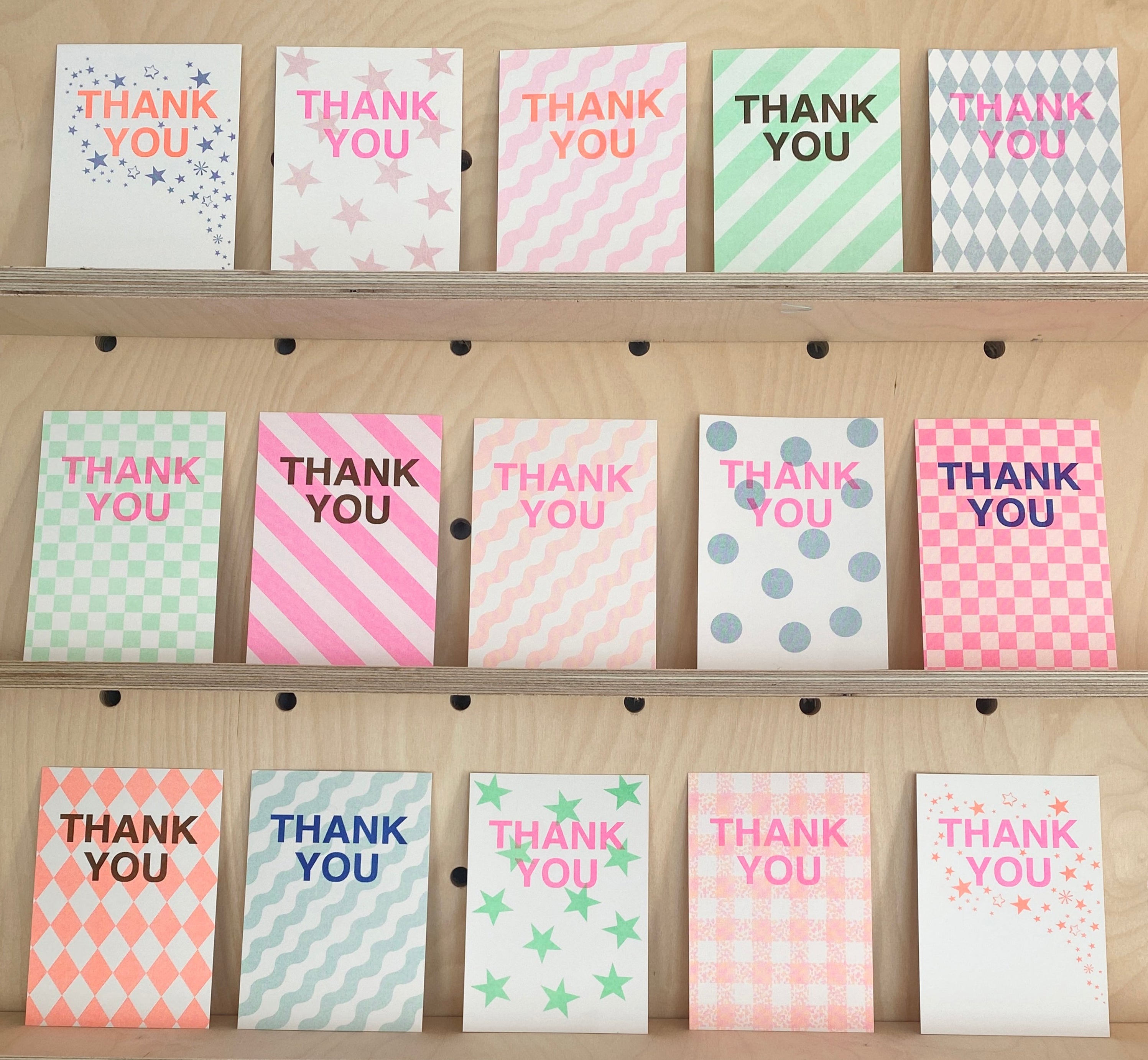Pack of 12 Thank You Notecards - Flouro Pink & Peach chequerboard Desi ...